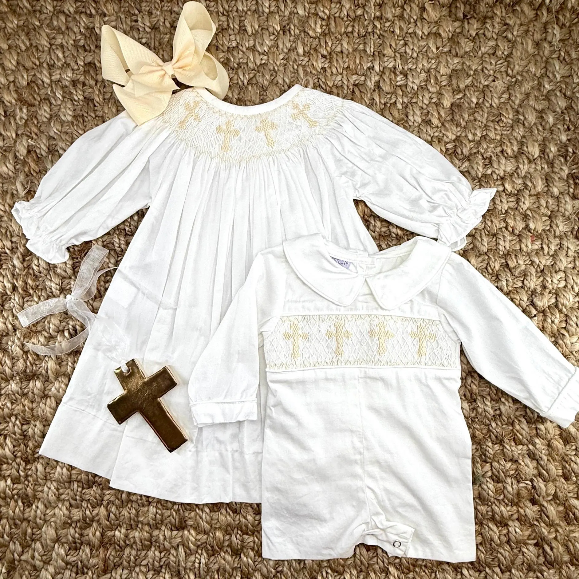 Custom Smocked Cross Bubble Dress Baptism - Kabeier